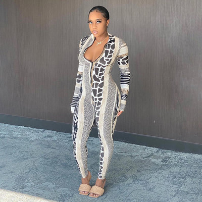 new arrival Sexy Tight autumn Lady Printed Women One Piece long Jumpsuits And Rompers female long sleeve Bodycon fitness clothes