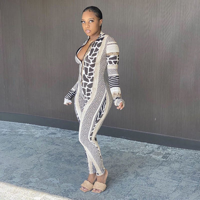 new arrival Sexy Tight autumn Lady Printed Women One Piece long Jumpsuits And Rompers female long sleeve Bodycon fitness clothes