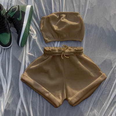 hot sales ladies Solid Color Two Pieces Strapless Short sports Set lace-up yoga Set Women fitness Clothing Summer Sportswear