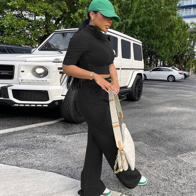 Wholesale Custom Women Fashion Yoga Set Cardigan Zipper Short Sleeve Top Slim Straight Pants Suit Ladies Outdoor Sportswear