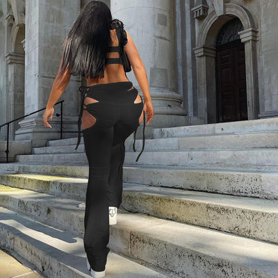 Wholesale Custom Women Hollow Out Bandage Set High Waist Tight Pants Casual Sports Suit Ladies Workout Sportswear