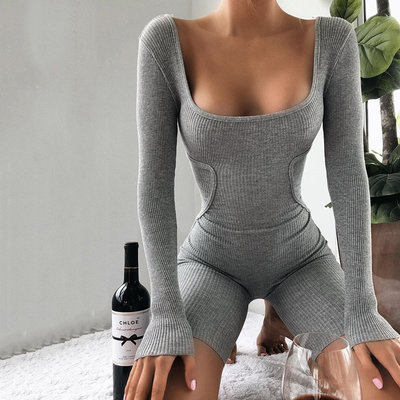 One piece long sleeve sportswear skinny activewear Custom logo plain romper outfits women workout jumpsuits