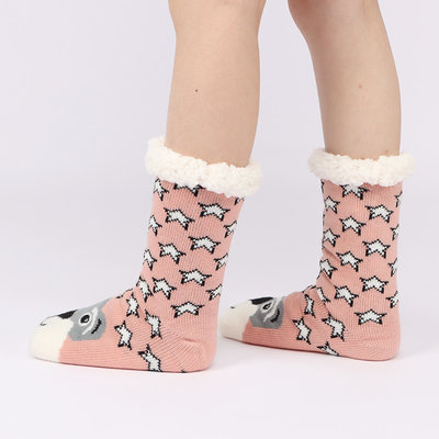 Women Winter sherpa Lining Knit Animal Socks Fuzzy Cozy Slipper Socks ladies medium length floor non skid socks