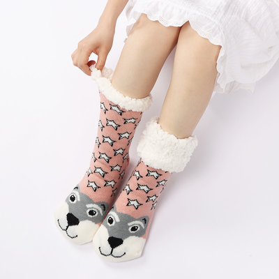 Women Winter sherpa Lining Knit Animal Socks Fuzzy Cozy Slipper Socks ladies medium length floor non skid socks