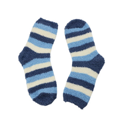 Indoor Ladies Slipper Socks Blue And White Warm Cozy Polyester Material