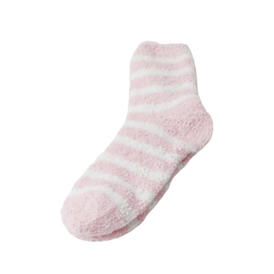 Polyester Ladies Slipper Socks  Pink White Stripes Indoor  Fluffy Warm