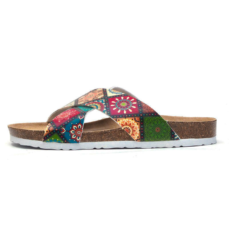 Retro Style Double Straps fashion Patterns Lady PU Shoes Cork Sole ladies beach Sandals Customized house Slippers For Women