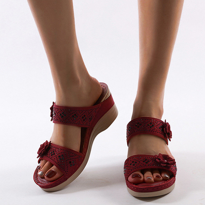 New 2022 sandals flower large size rhinestone shoes women retro style wedge heel comfortable soft slippers