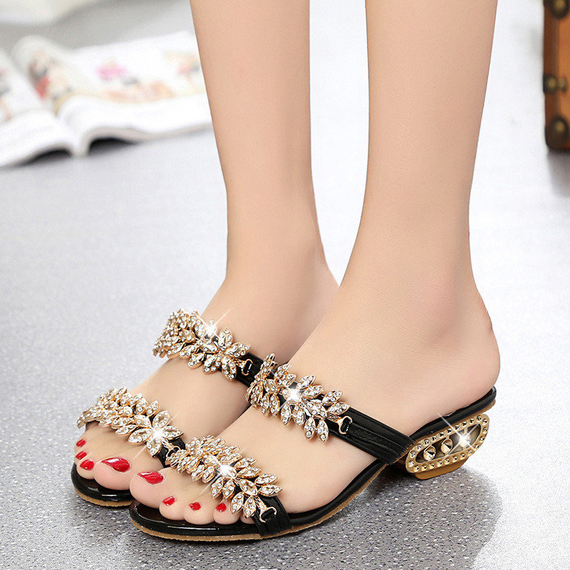 Spring and summer new fashion women sandals rhinestone sequins Roman style slippers thick heel casual shoes large size
