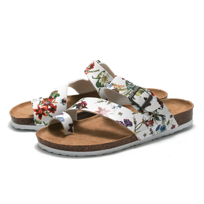 Women summer trend cork beach clip-on casual shoes new design flat  flip-flops slippers in stock floral sandals