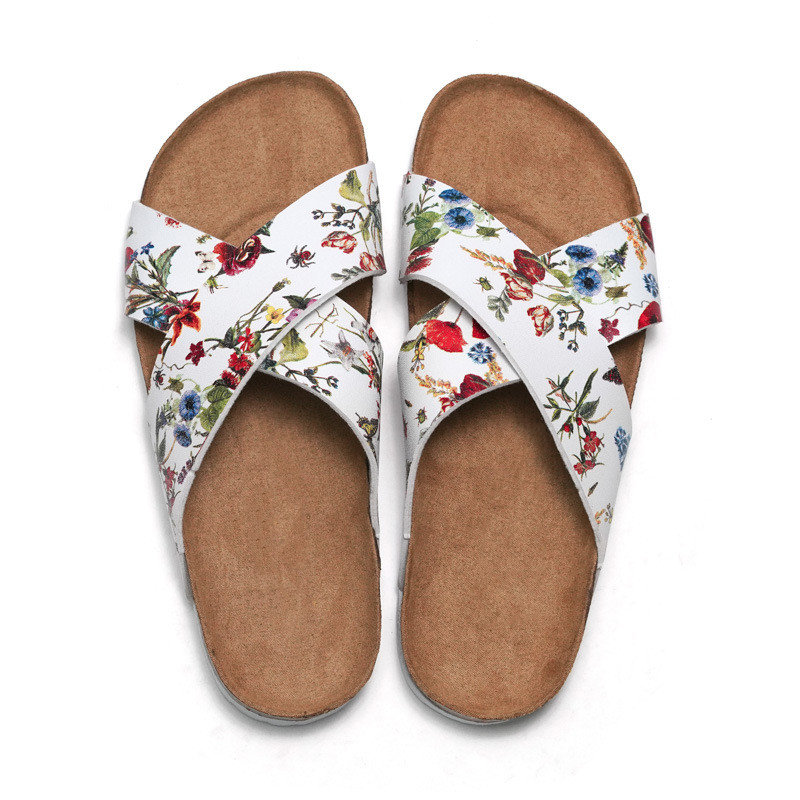 Slippers hot sale cork beach shoes leather pattern upper lightweight non-slip flat summer women floral sandals