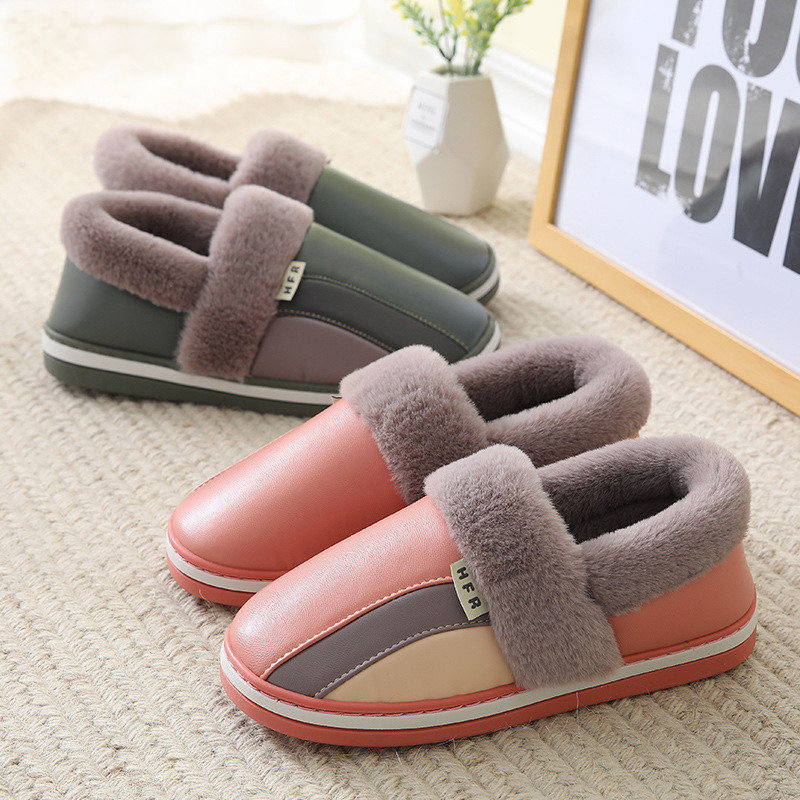 Slippers women winter all-inclusive heel non-slip couple warm waterproof PU leather home indoor shoes for men