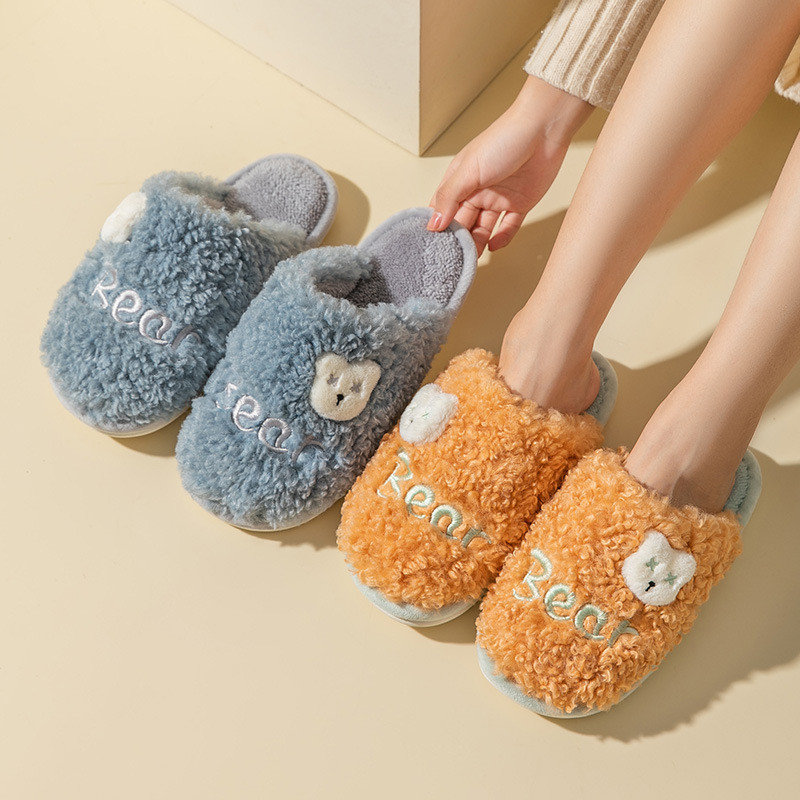 Women New Design Cute Bear Shape Home Indoor Slippers Non-Slip hick sole Men Cheap Winter Warm House Shoes