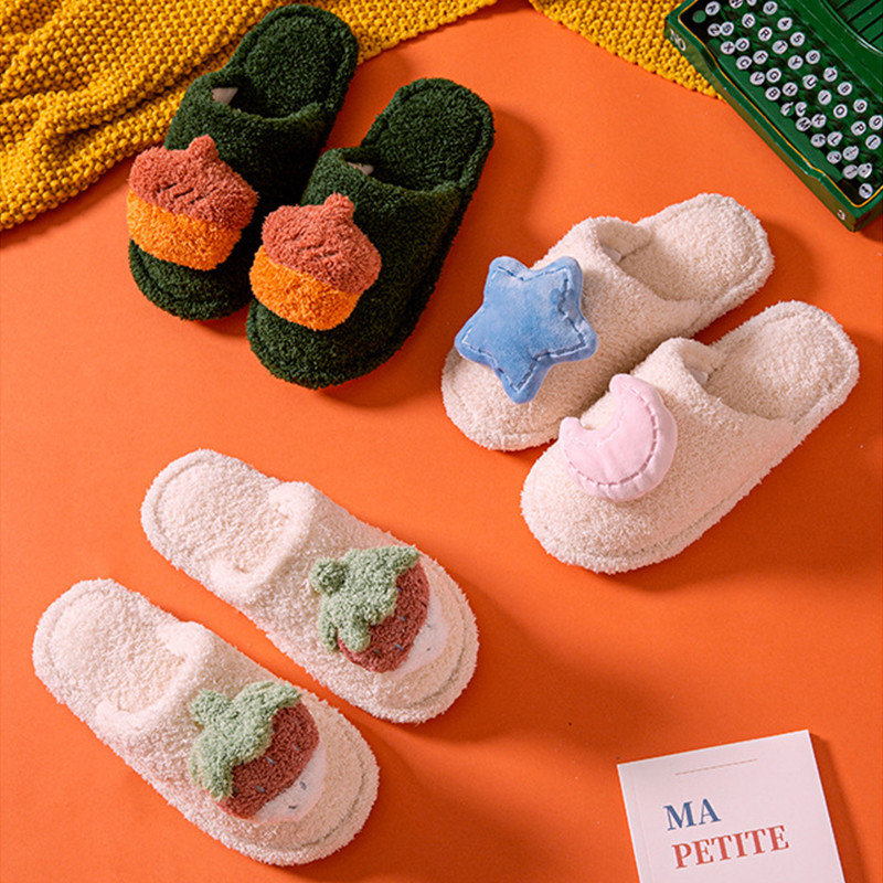 Winter Christmas Home Indoor Slippers Cartoon Cute Plush Warm Non-Slip House Shoes Pinecone Moon Star ladies closed shoes