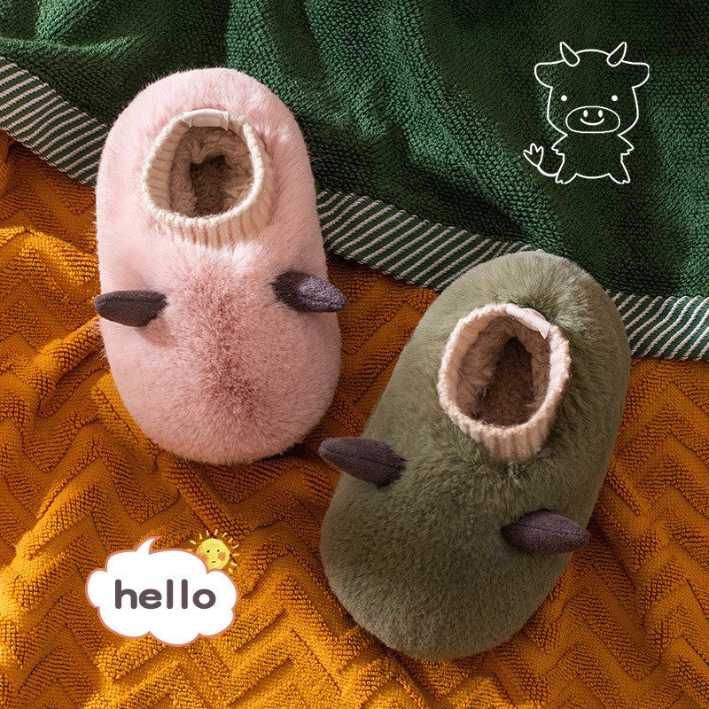 2021 New Design Children Cute Ox Horn Wrap heel Slippers Autumn Winter Warm Non-slip Soft Sole Home Indoor Shoe kids fur slipper