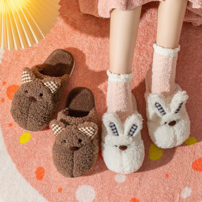 new arrival rabbit hair PVC sole slippers winter cartoon house indoor thick soled plush shoes women fluffy grid pattern slipper