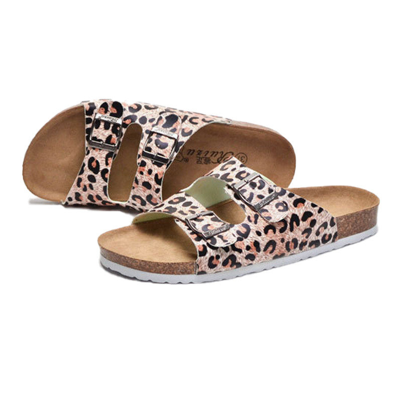 Wholesale 2021 summer new ladies slippers Leopard Printed Cork Sole Two Straps Portable Cork slippers casual shoes woman