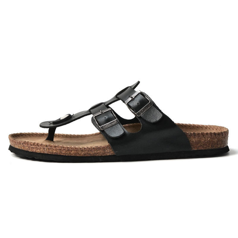 New Design Black Unisex Slides Sandals PU Leather Double Strap Flat Soft Cork Sandals slippers for men rubber