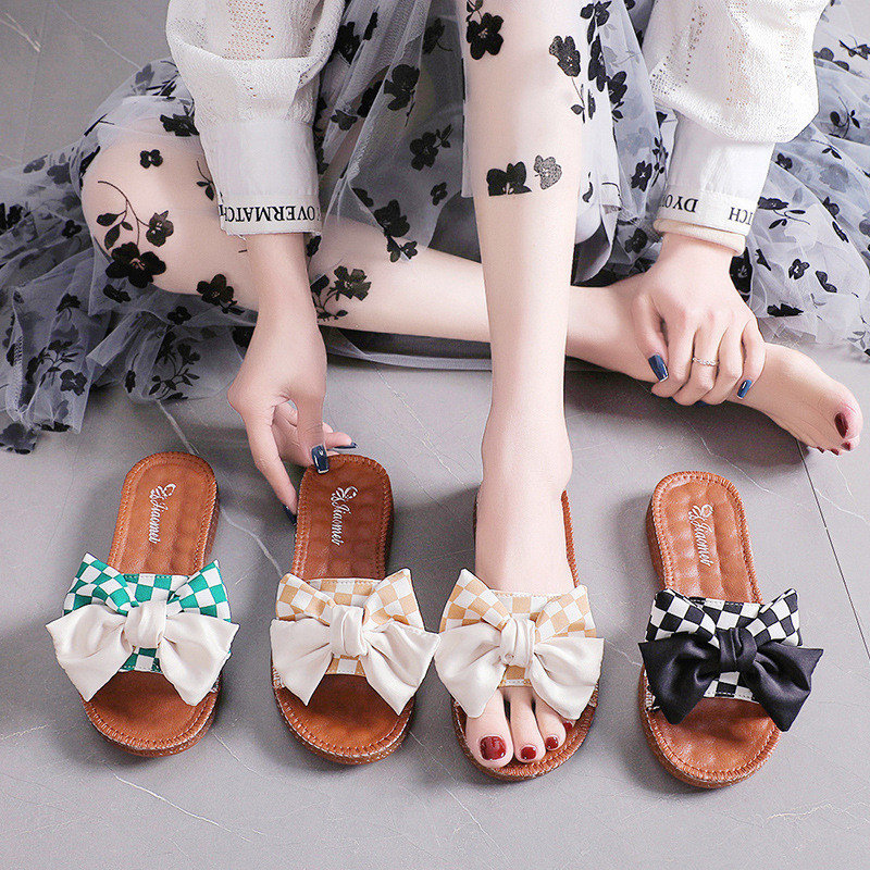 2022 new custom outdoor wedge sandals fashion plaid bowknot upper ladies soft bottom non-slip casual shoes