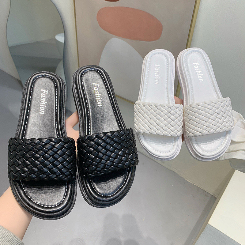 Flat Bottom Summer Beach Shoes Woven Upper Solid Color Soft