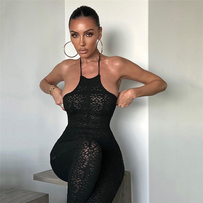 In stock Night Club Women lace-up Black Mesh yarn Tight Jumpsuit fitness Rompers two pieces Yoga set Training Wear
