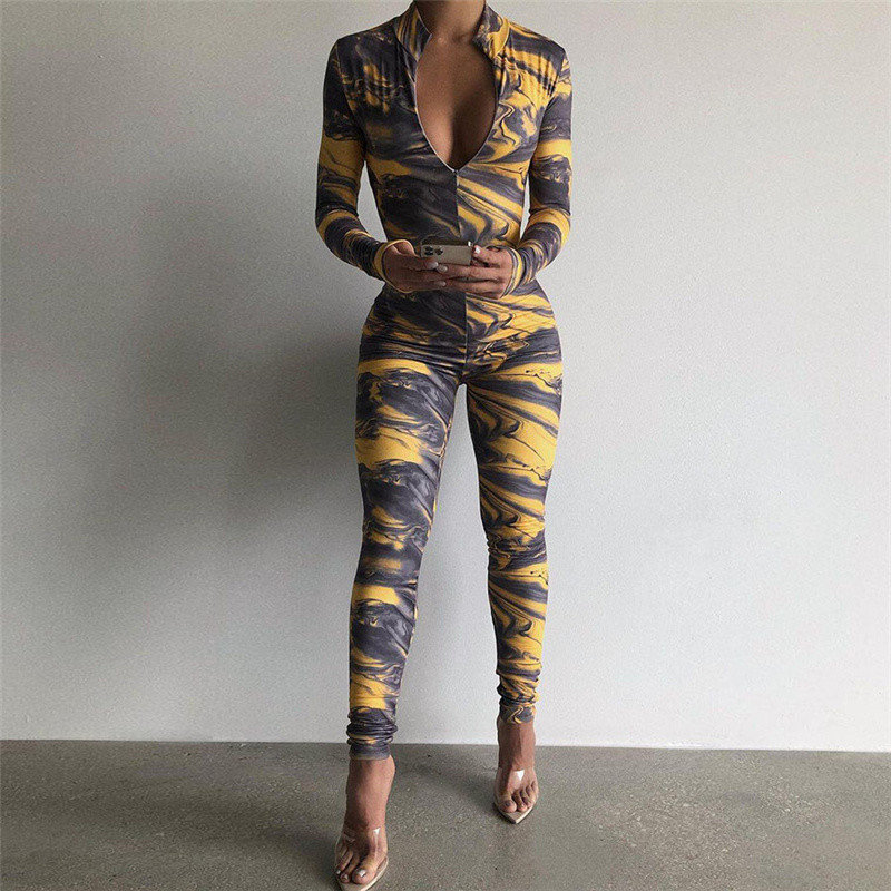 hot sales ladies printed front zipper stand collar long sleeve gym wear high waist and tight sportswear one piece Jumpsuit