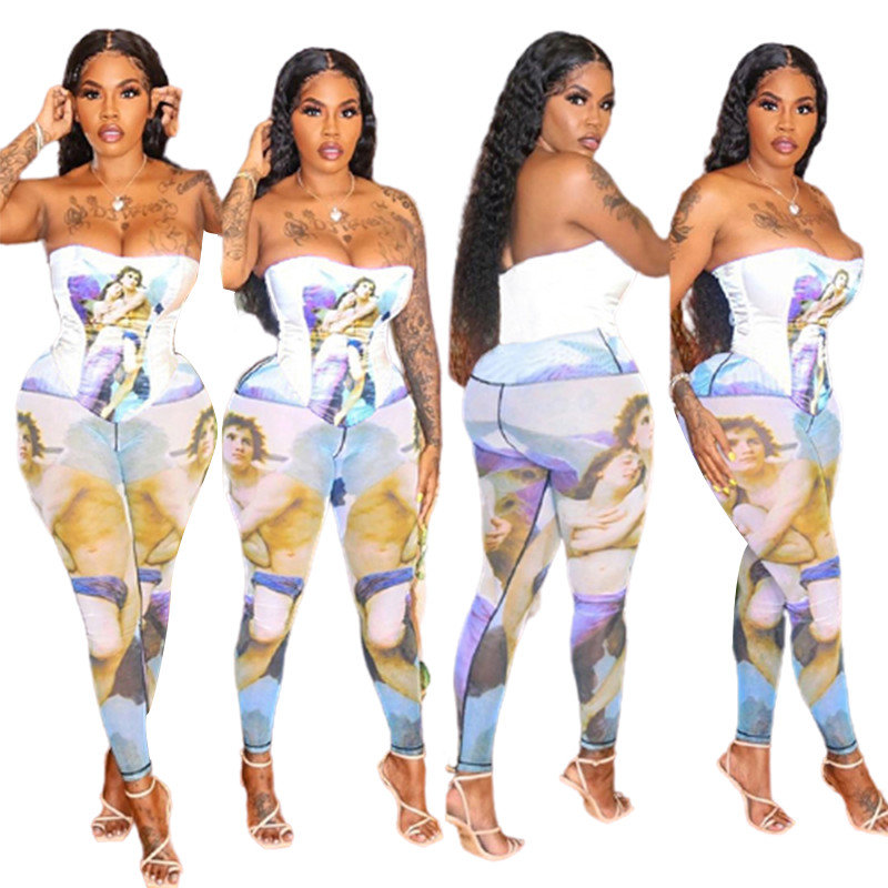 Fall Fashion Trendy Print Strapless Sleeveless Fitted Skinny Bodycon women Jumpsuit and Rompers ladies sports Outfits