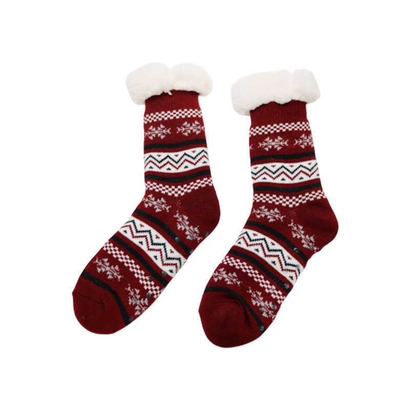red Indoor lining knit slipper socks christmas non slip socks women winter socks