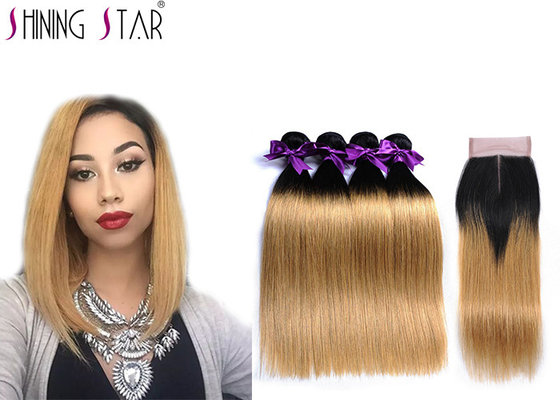 Cabello humano recto rubio brasileño de Bundlles 4Pcs Ombre de la armadura con armadura del pelo del color 1B27 del cierre