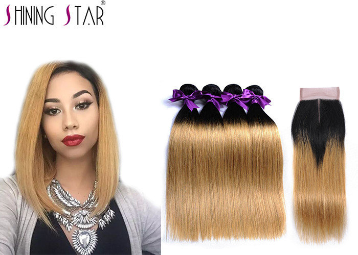 Cabello humano recto rubio brasileño de Bundlles 4Pcs Ombre de la armadura con armadura del pelo del color 1B27 del cierre