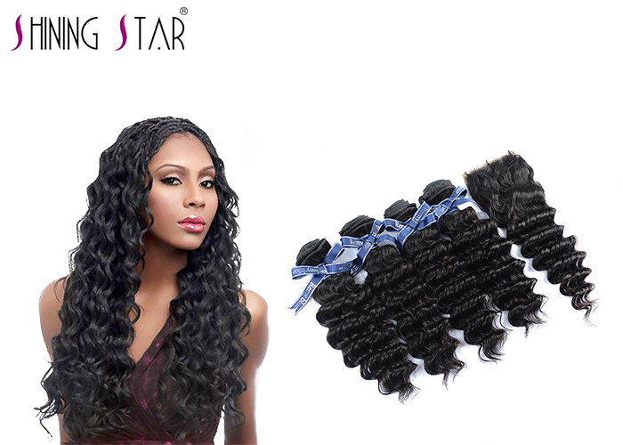Extensiones profundas negras/4 paquetes del pelo de la onda de Remy del pelo profundo de la onda con el cierre