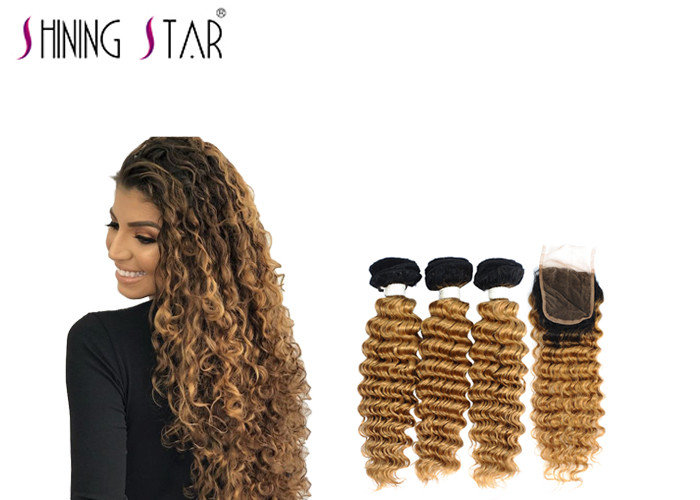3 paquetes de extensiones profundas del pelo de la onda de la Virgen con el Blonde ligero del cierre 1B27
