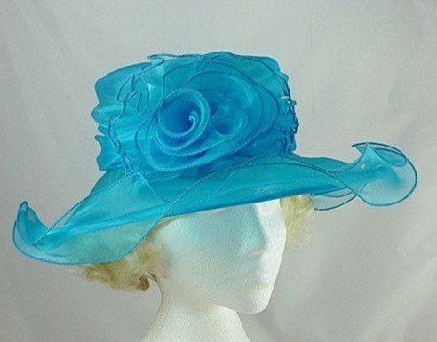 Blue Collapsible Wedding Organza Hats With Adjustable Satin Sweatband For Women