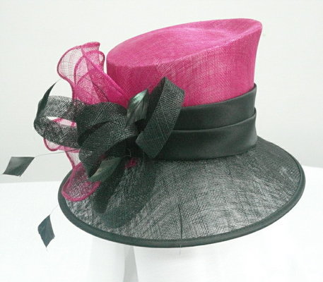 Wedding Fuchsia / Black Sinamay Ladies Hats 2 Layers With Bridal Satin And Sinamay Trim