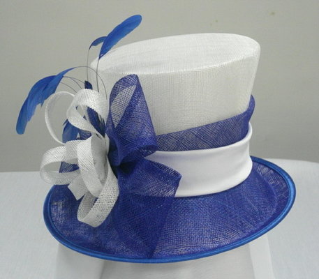 White / Royal Blue Sinamay Ladies Hats For Horse Racing With Satin & Feather Trim