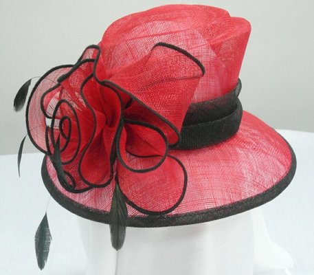 Red / Black Sinamay Ladies Hats Feather Trim & Overlock Sinamay For Special Occasion