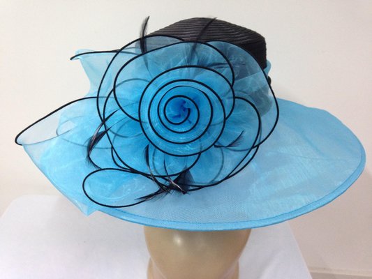 Polyester Braid / Mesh Organza Hat Black / Turquoise With Organza Trimming