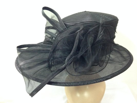 Black Organza Hat Squred Satin Braid Crown And Uneven With Organza Trimming