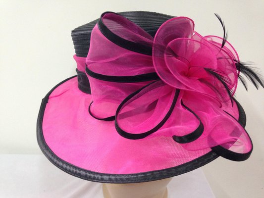Black / Fuchsia Organza Hat Elastic Band Inside With Organza Trimming For Church