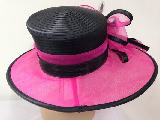 Black / Fuchsia Organza Hat Elastic Band Inside With Organza Trimming For Church