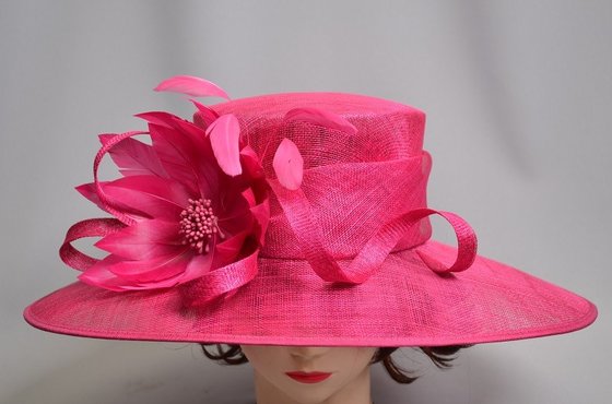 Wedding Red Sinamay Ladies Big Brim Hats Flower Trimming