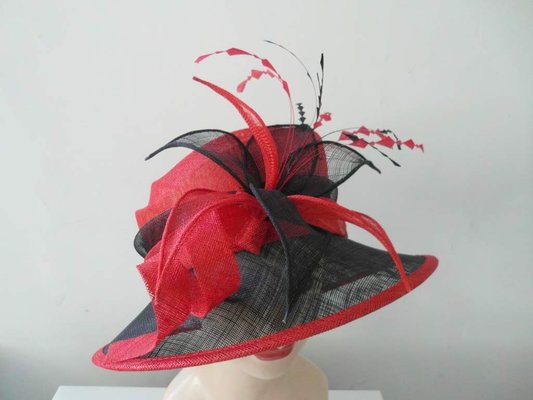 Red Two Layer Sinamay Ladies Hats With Coque Feathers For Christmas , Halloween