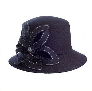 Clear Buckle Casual Elegant Ladies’ Black Wool Felt Hats with Self Felt Flower Trimming
