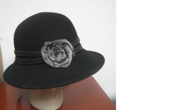 Black Ladies’ Small Floppy Wool Felt Hats With Braided Band and Fur Trimming for Church