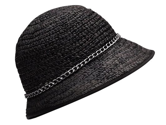 Women Natural Raffia Woven Straw Hat With Nice Chains, Fashion Black Ladies' Casual Hats