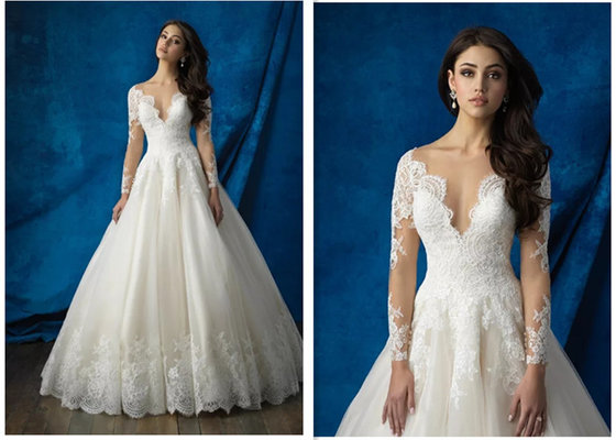 Bead Long Sleeve Ball Gown Wedding Dress , Royal White Ball Gowns With Sleeves