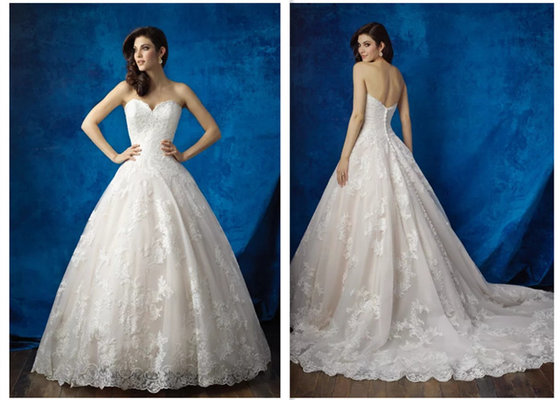 Embroidered Chapel Train Wedding Dress , Sequins Sweetheart Neck Ball Gown Wedding Dress