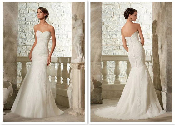 Strapless Satin Fit And Flare Wedding Gown Hollow Thin Gauze Exposes Fair Skin