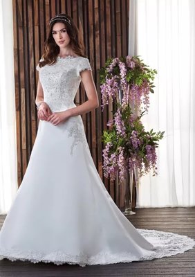 A Word Shoulder A Line Style Wedding Dresses Short Sleeve Tailing Slim