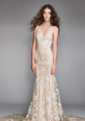 Beaded Champagne Fit And Flare Wedding Dress / Noble Satin Fit And Flare Bridesmaid Dress